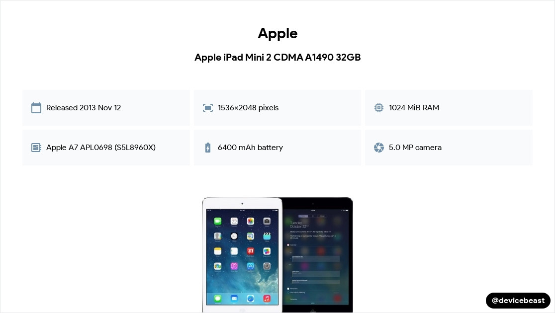 Apple iPad Mini 2 CDMA A1490 32GB Full Device Specifications ...