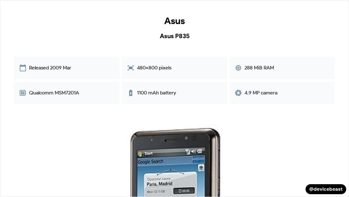 Asus P835 Full Device Specifications | DeviceBeast.com