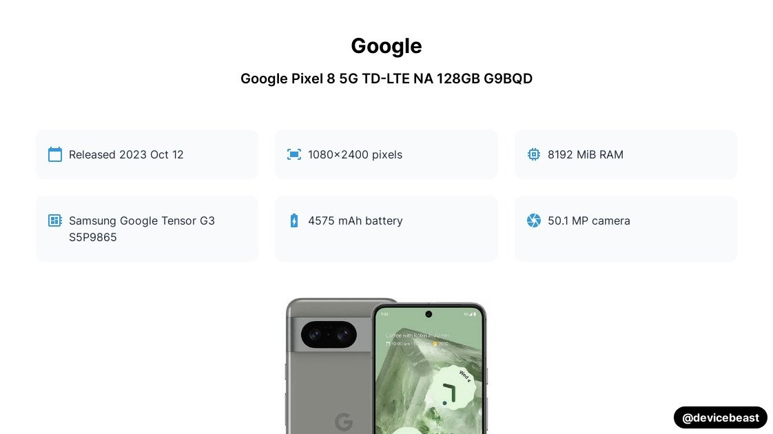 Google Pixel 8 5G TD-LTE NA 128GB G9BQD Full Device Specifications | DeviceBeast.com