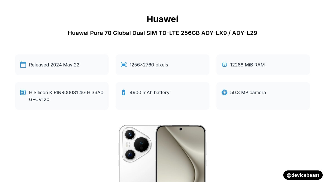 Huawei Pura 70 Global Dual SIM TD-LTE 256GB ADY-LX9 / ADY-L29 Full ...