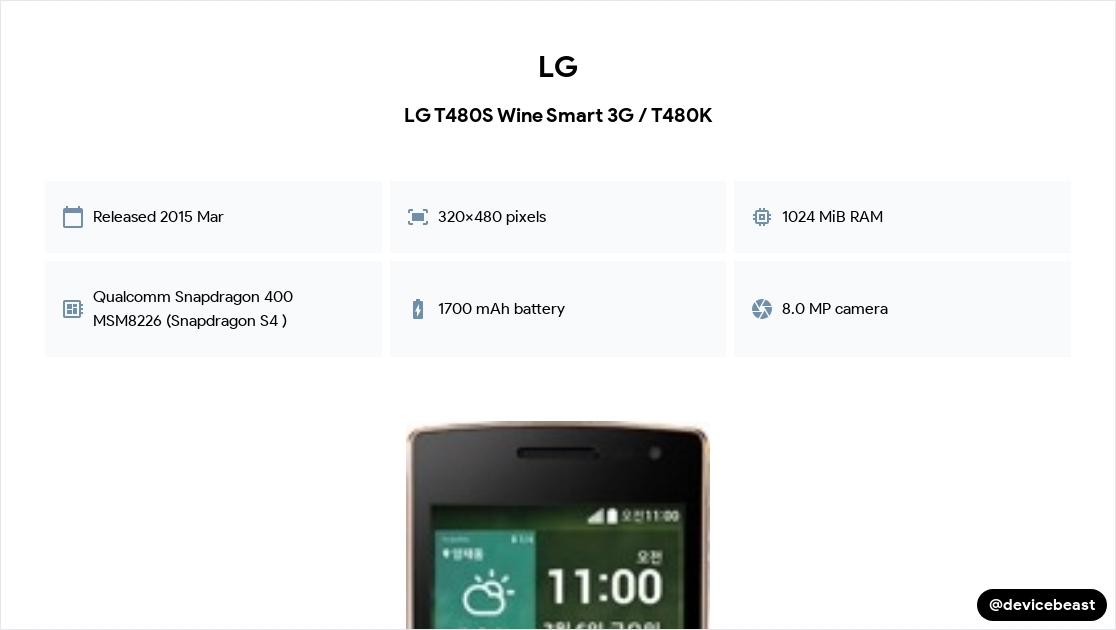 LG T480S Wine Smart 3G / T480K Full Device Specifications | DeviceBeast.com