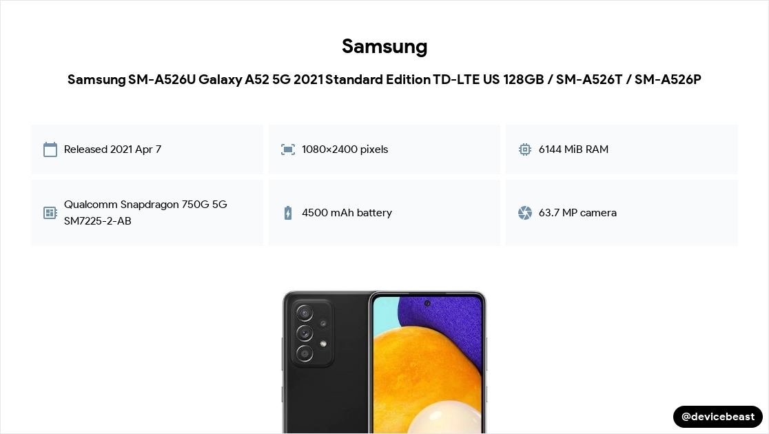 Samsung SM-A526U Galaxy A52 5G 2021 Standard Edition TD-LTE US 128GB ...