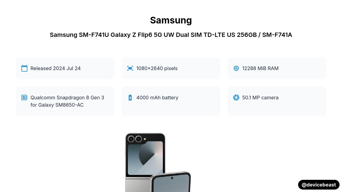 Samsung SM-F741U Galaxy Z Flip6 5G UW Dual SIM TD-LTE US 256GB / SM ...