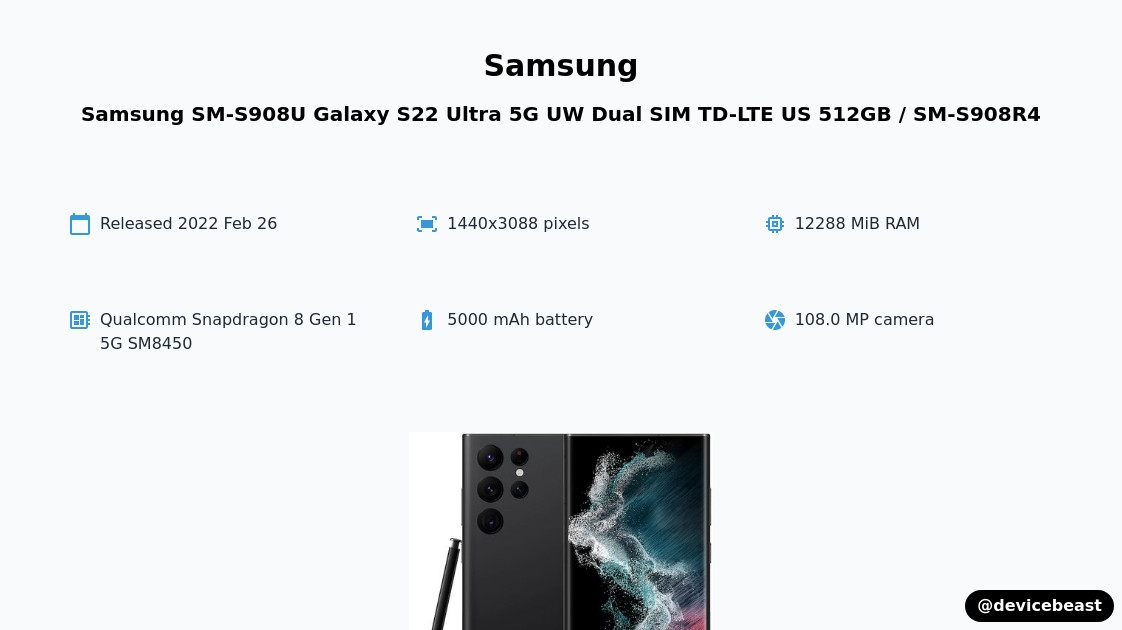 Samsung SM-S908U Galaxy S22 Ultra 5G UW Dual SIM TD-LTE US 512GB / SM ...