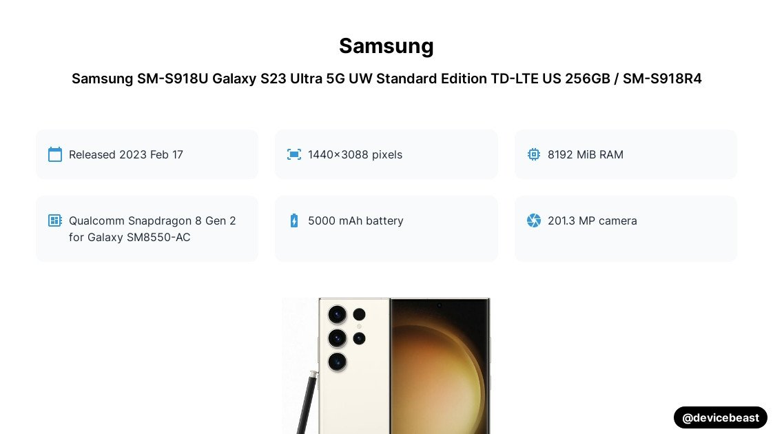 Samsung SM-S918U Galaxy S23 Ultra 5G UW Standard Edition TD-LTE US ...