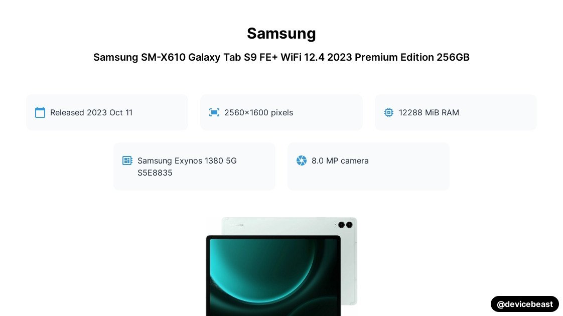 Samsung SM-X610 Galaxy Tab S9 FE+ WiFi 12.4 2023 Premium Edition 256GB ...