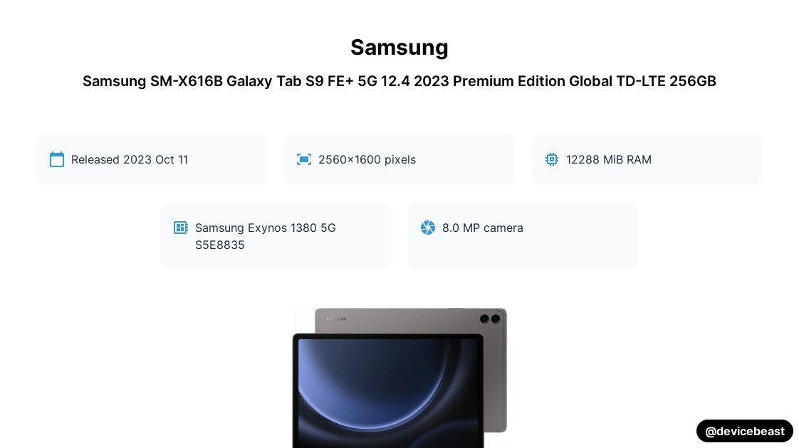 Samsung SM-X616B Galaxy Tab S9 FE+ 5G 12.4 2023 Premium Edition Global ...