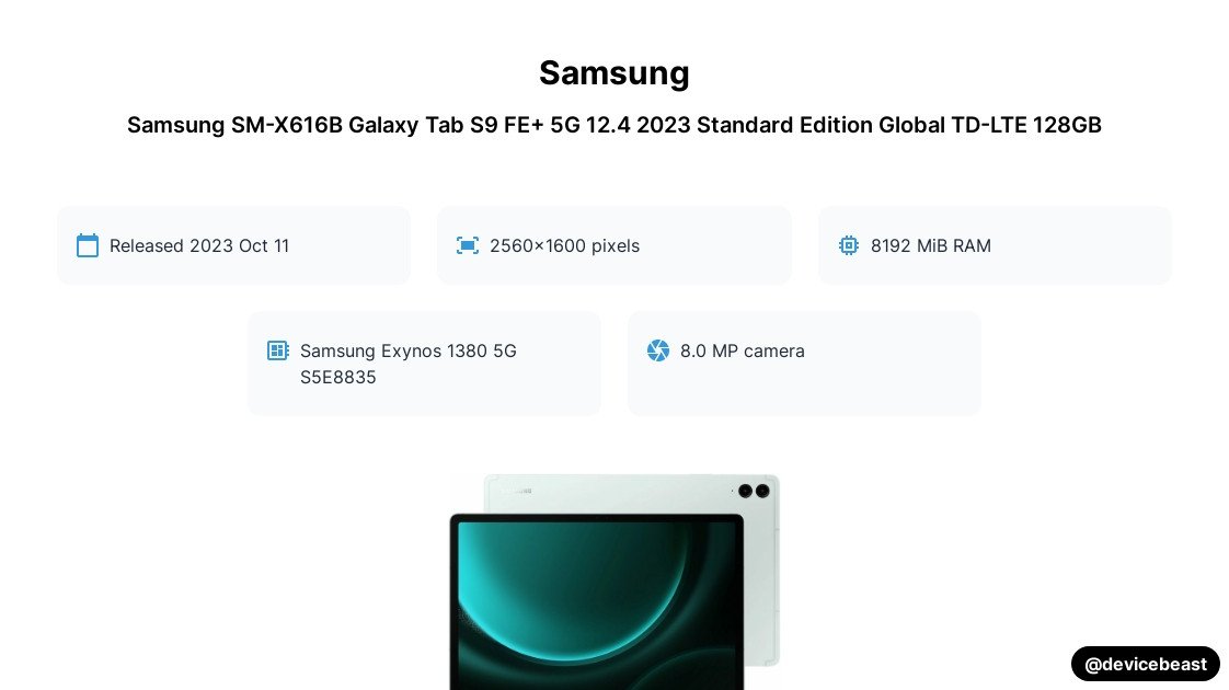 Samsung SM-X616B Galaxy Tab S9 FE+ 5G 12.4 2023 Standard Edition Global ...