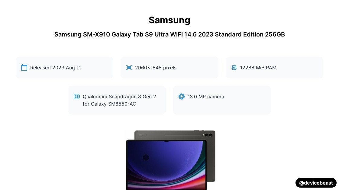 Samsung SM-X910 Galaxy Tab S9 Ultra WiFi 14.6 2023 Standard Edition ...