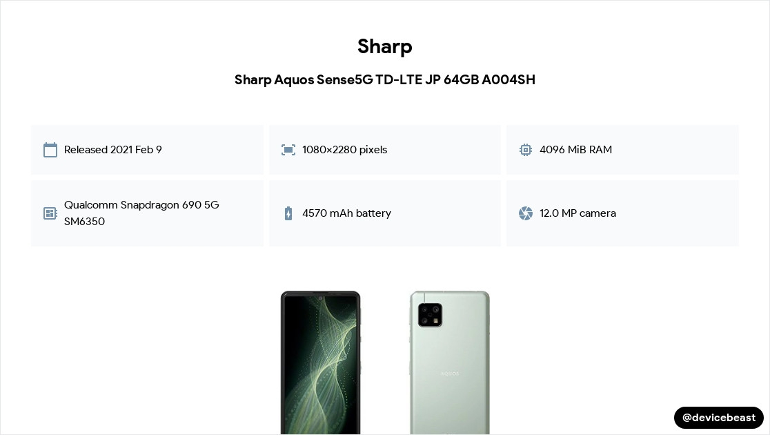 Sharp Aquos Sense5G TD-LTE JP 64GB A004SH Full Device Specifications ...