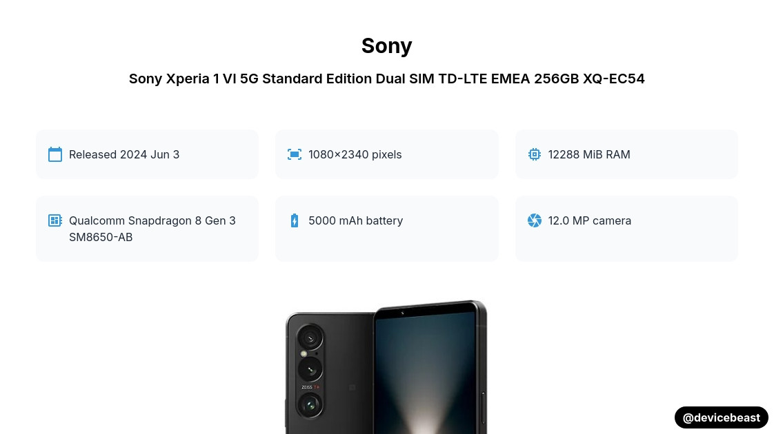 Sony Xperia 1 VI 5G Standard Edition Dual SIM TD-LTE EMEA 256GB XQ-EC54 ...