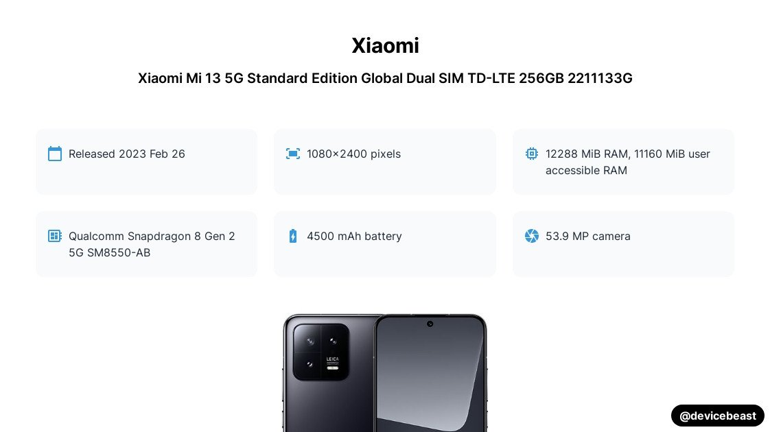 Xiaomi Mi 13 5G Standard Edition Global Dual SIM TD-LTE 256GB 2211133G ...