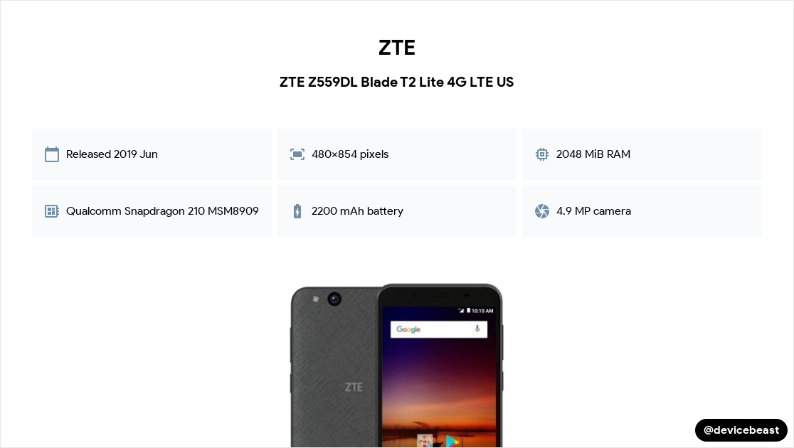 ZTE Z559DL Blade T2 Lite 4G LTE US Full Device Specifications ...